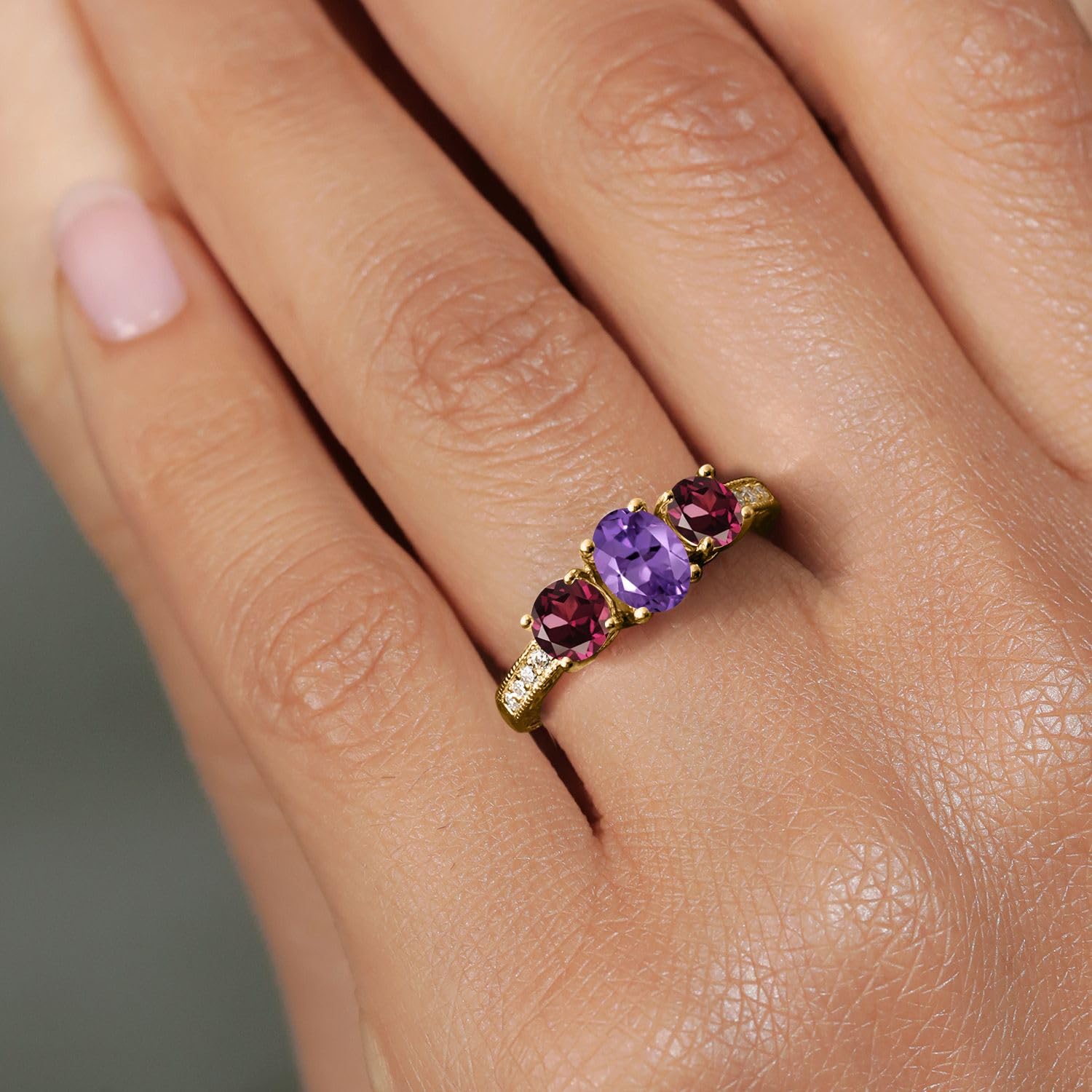 Gem Stone King 2.07 Ct Purple Amethyst Red Rhodolite Garnet 18K Yellow Gold Plated Silver Ring (Size 7)