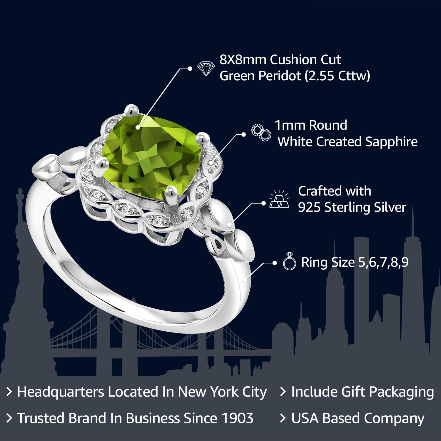 Gem Stone King 925 Sterling Silver 8MM Cushion Gemstone Birthstone and White Created Sapphire Engagement Ring | Wedding Engagement Anniversary Promise Ring For Women