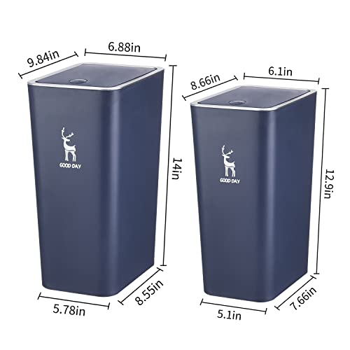 Trash Can, Plastic Garbage Can with Press Lid, 2 Pack Waste Basket for Bathroom, Kitchen, Bedroom, Garbage Bin with Push Button, Commercial Trash Bin for Office,2Gallon &3 Gallon (Navy Blue)