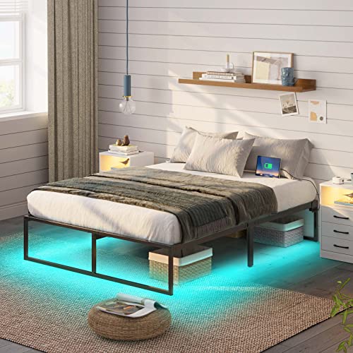 Rolanstar Bed Frame with USB Charging Station, Full Bed Frame with LED Lights, Platform Bed Frame with Heavy Duty Steel Slats, 14" Storage Space Beneath Bed
