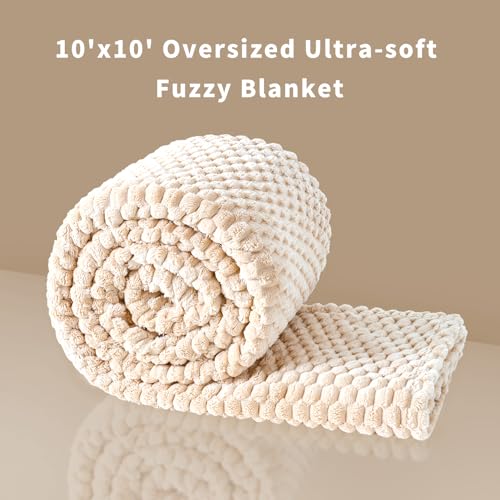 FY FIBER HOUSE Oversized King Blanket 120" x120" Extra Large Bed Blanket 10' x 10' Super Soft Plush Fuzzy Blankets for Couch Office Sofa, Beige