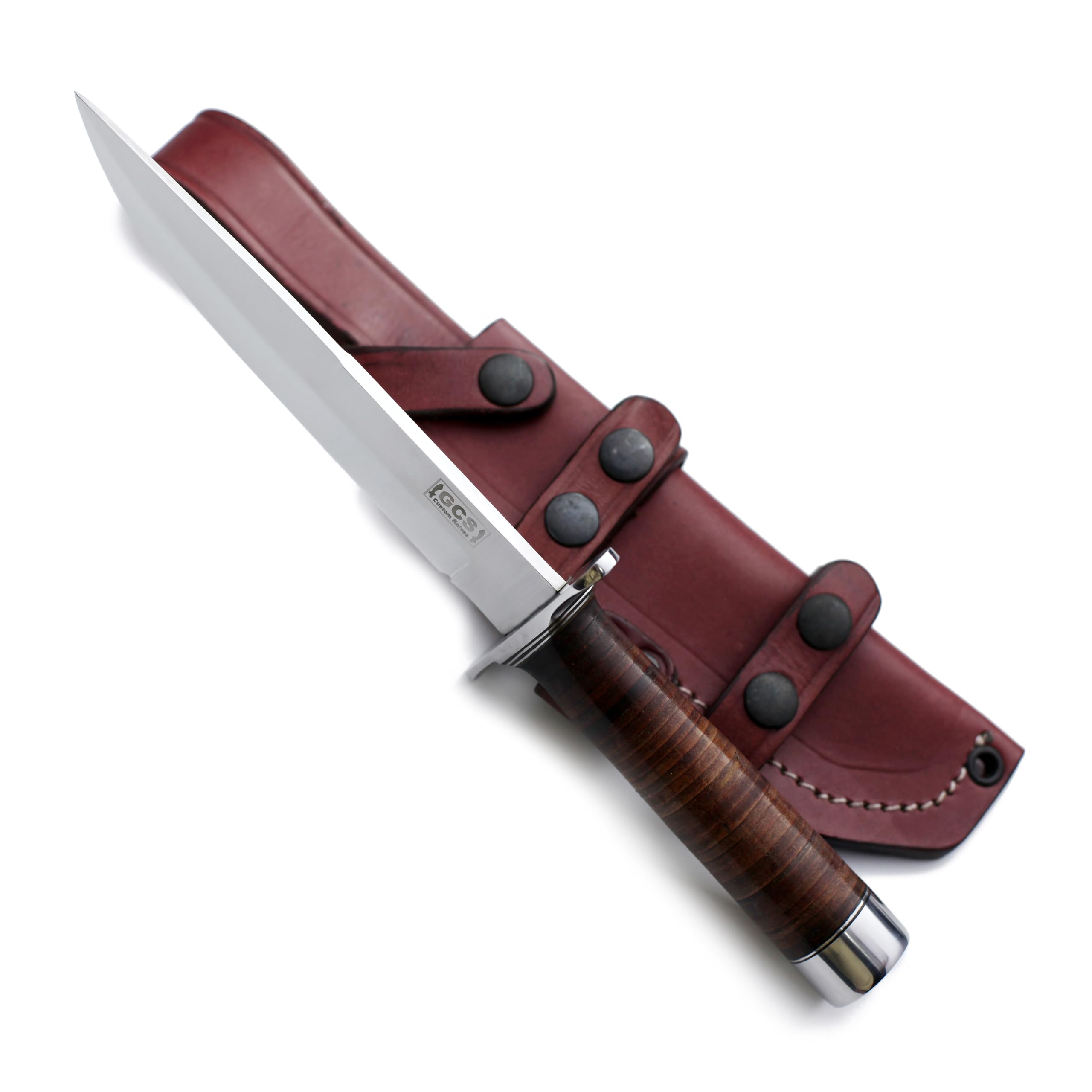GCS Handmade Stacked Leather Handle D2 Tool Steel Tactical knife Hunting Knife Camp Knife with leather sheath Full tang blade designed for Hunting & EDC GCS 147