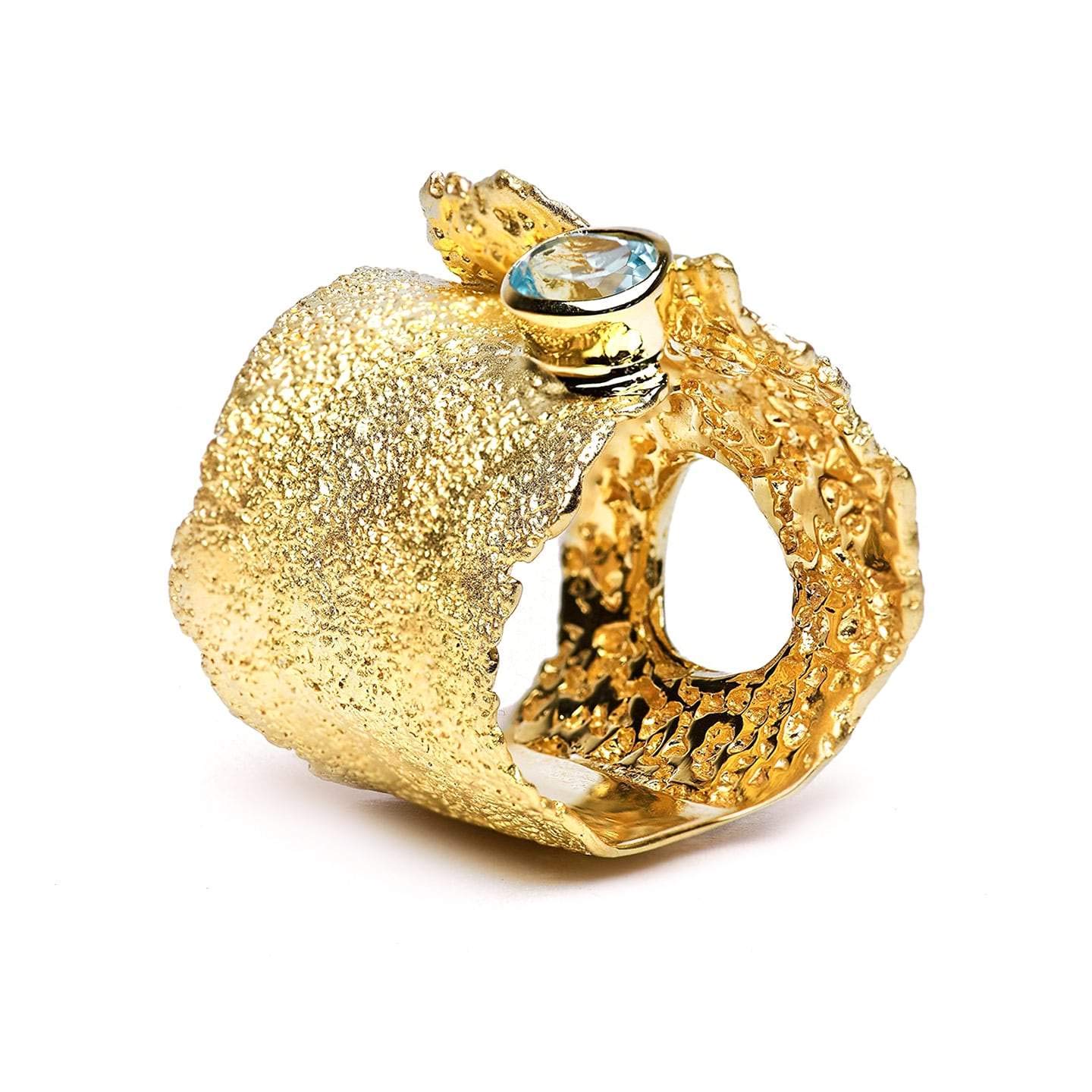 german kabirski 0.60 Carat Blue Topaz Handmade Barrel Ring in 925 Sterling Silver with Gold Plating Size 8