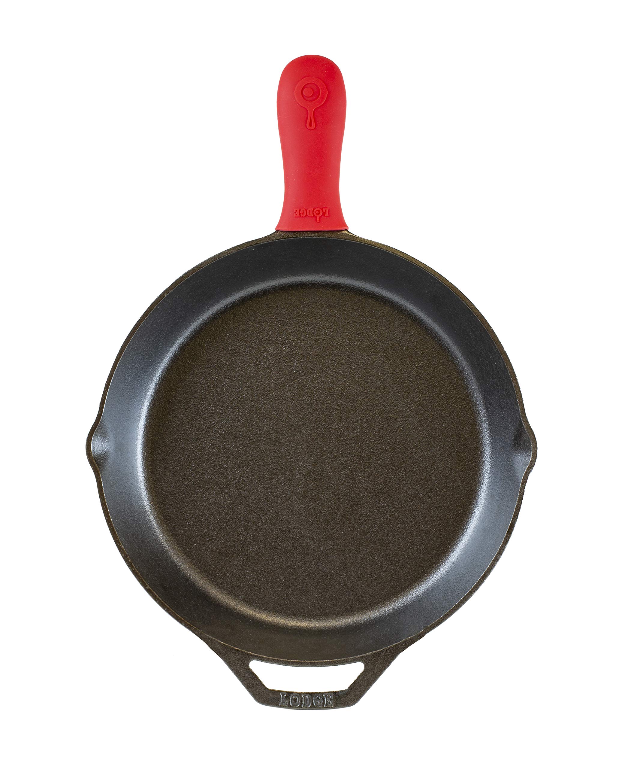 Lodge Cast Iron Skillet with Red Silicone Hot Handle Holder, 12-inch & Scrubbing pad, One, Red