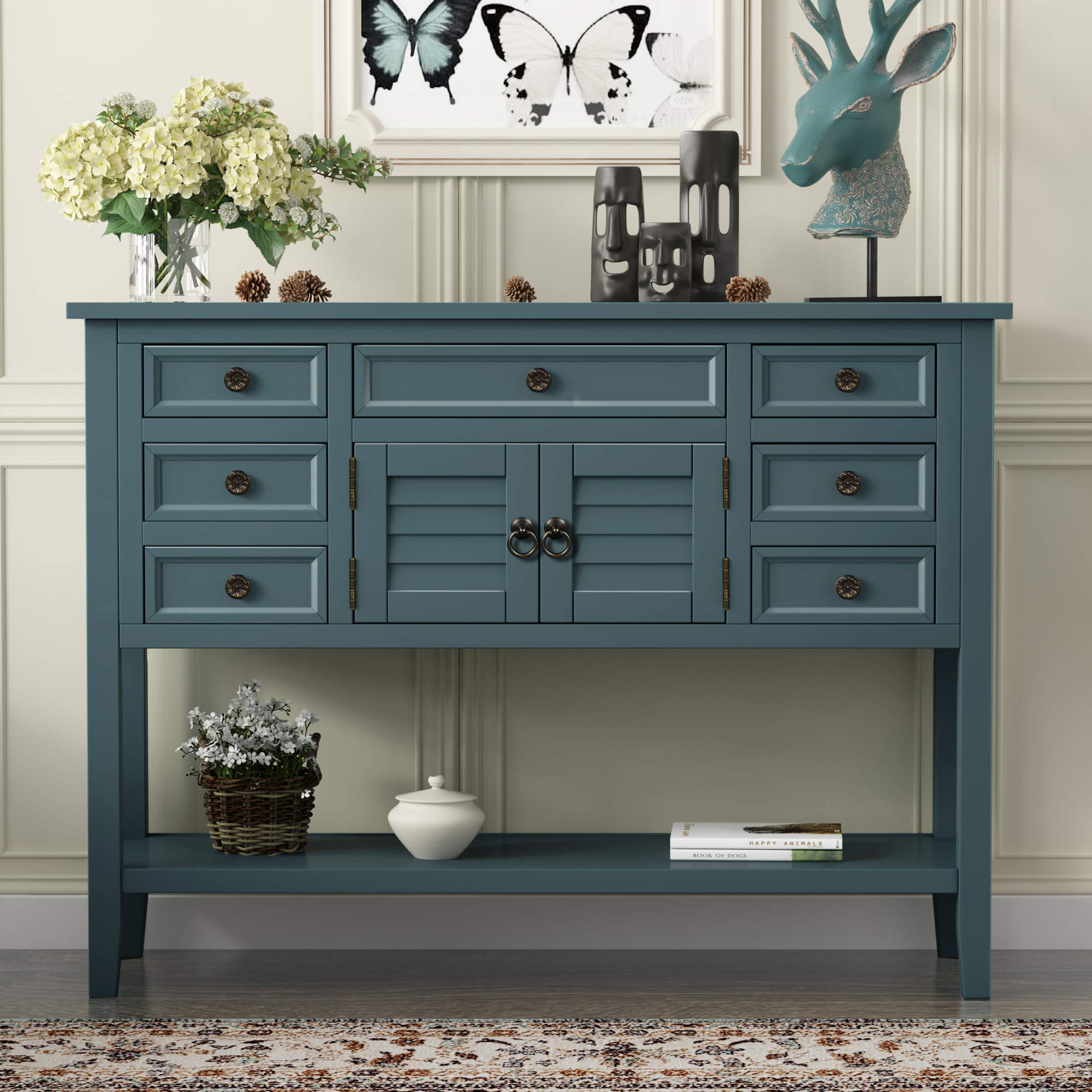 Gnrolaz Console Table, Entryway Table, Foyer Sofa Console Tables for Entryway Living Room Hallway with 7 Drawers, 1 Cabinet and 1 Shelf (Blue)