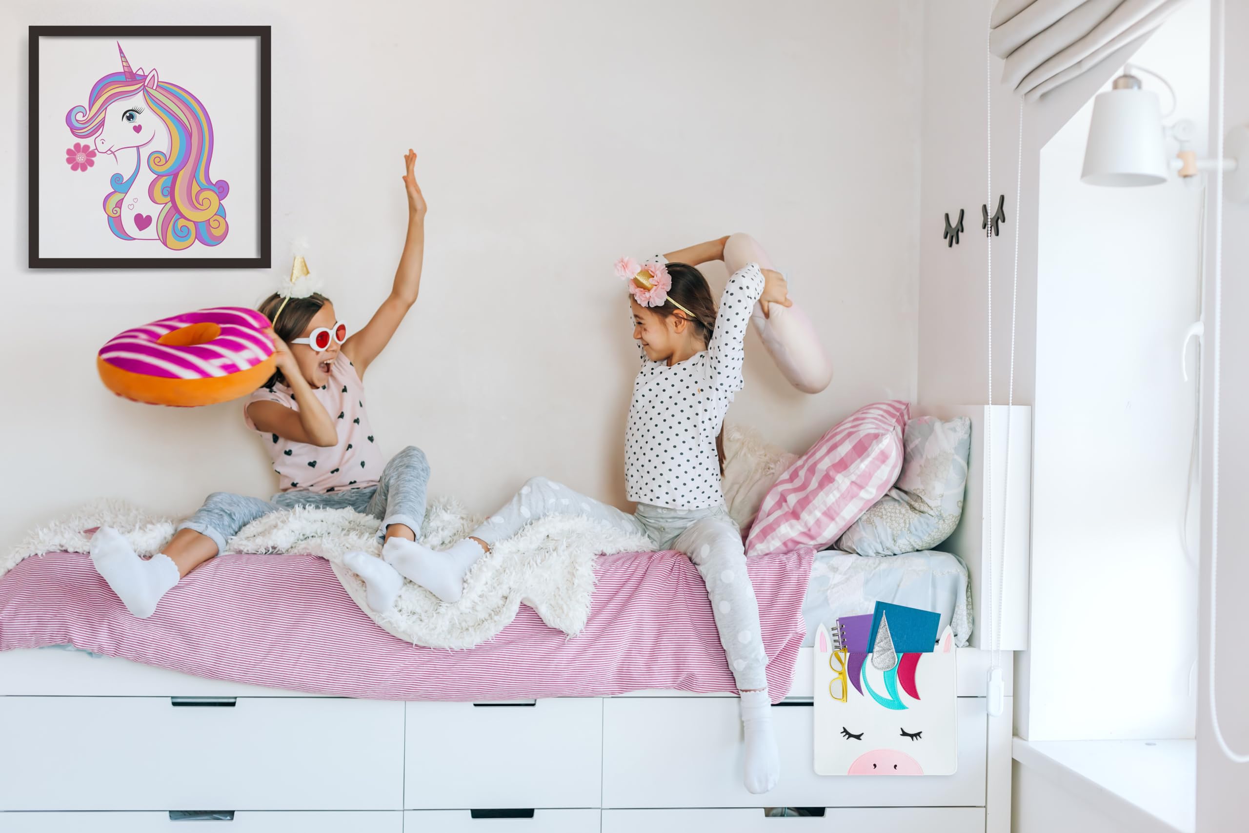 PIKL Unicorn Hamper Bedside Caddy set Patented design Quality Girls Laundry Hamper with Carry Handle and hanging storage organizer bed pocket unicorn decor Ideal gift for girls kids laundry basket
