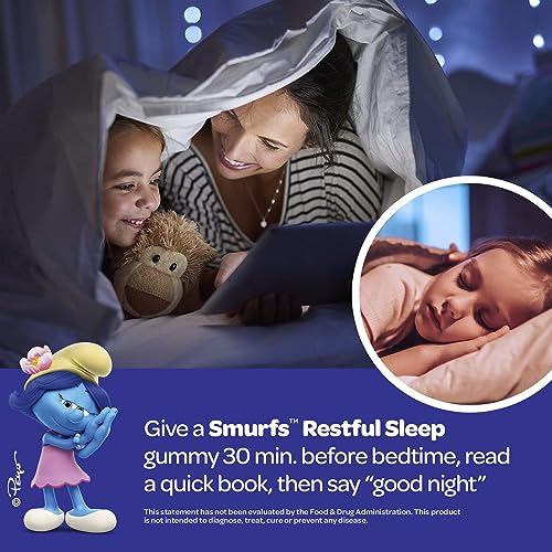 The Smurfs 1mg Melatonin Gummies for Kids with Chamomile & Lemon Balm for a Restful Sleep Age 3+ | Non-Habit Forming | Made with Real Fruit in a Smurf Berry | Doctor Developed | 50 Vegetarian Gummy