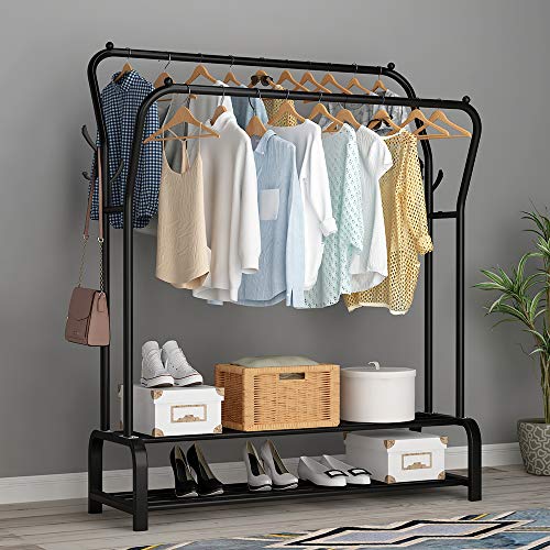 UDEAR Garment Rack Freestanding Hanger Double Rods Multi-functional Bedroom Clothing Rack, Double layer ,4 Hooks,Black
