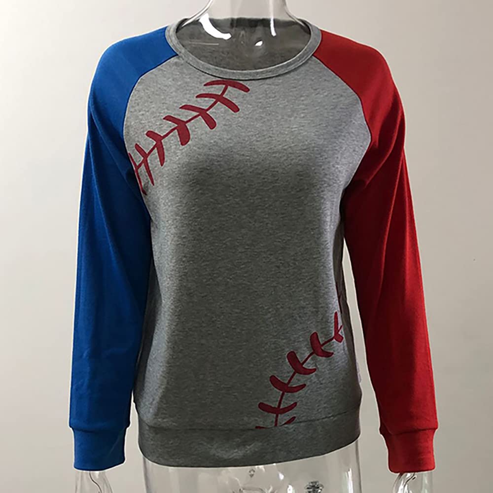 Janepam Womens Tops Shirt Sweatshirt Plus Size Playing Baseball Heart Color Block Xmas Christmas Pattern Graphic Print Loose Blouse(D Playing Gray,XL)