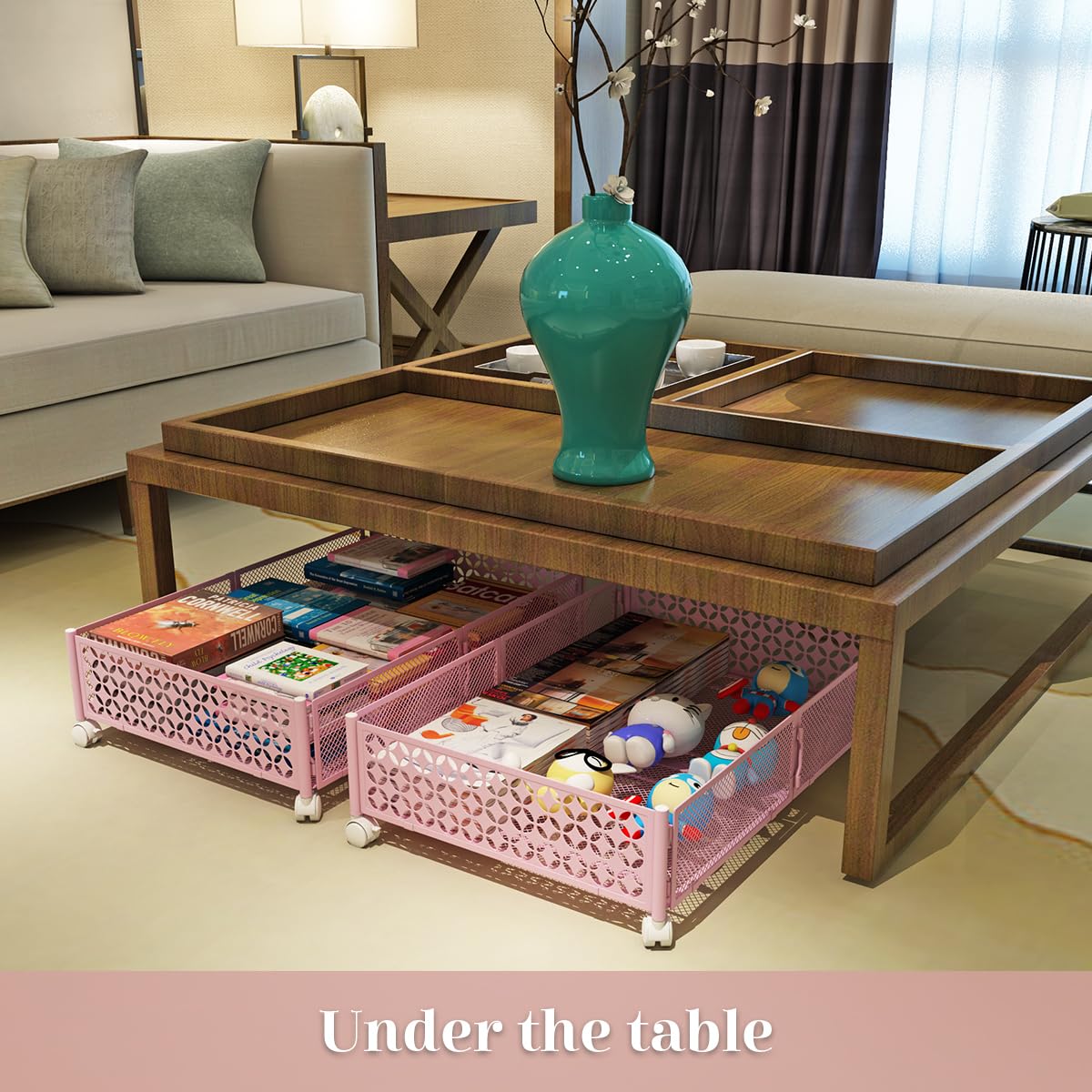 Under Bed Storage with Wheels - 2 pack - Collapsible Underbed Containers Dorm Organizer Bins for Shoe Shoes Clothes Toys - Pink