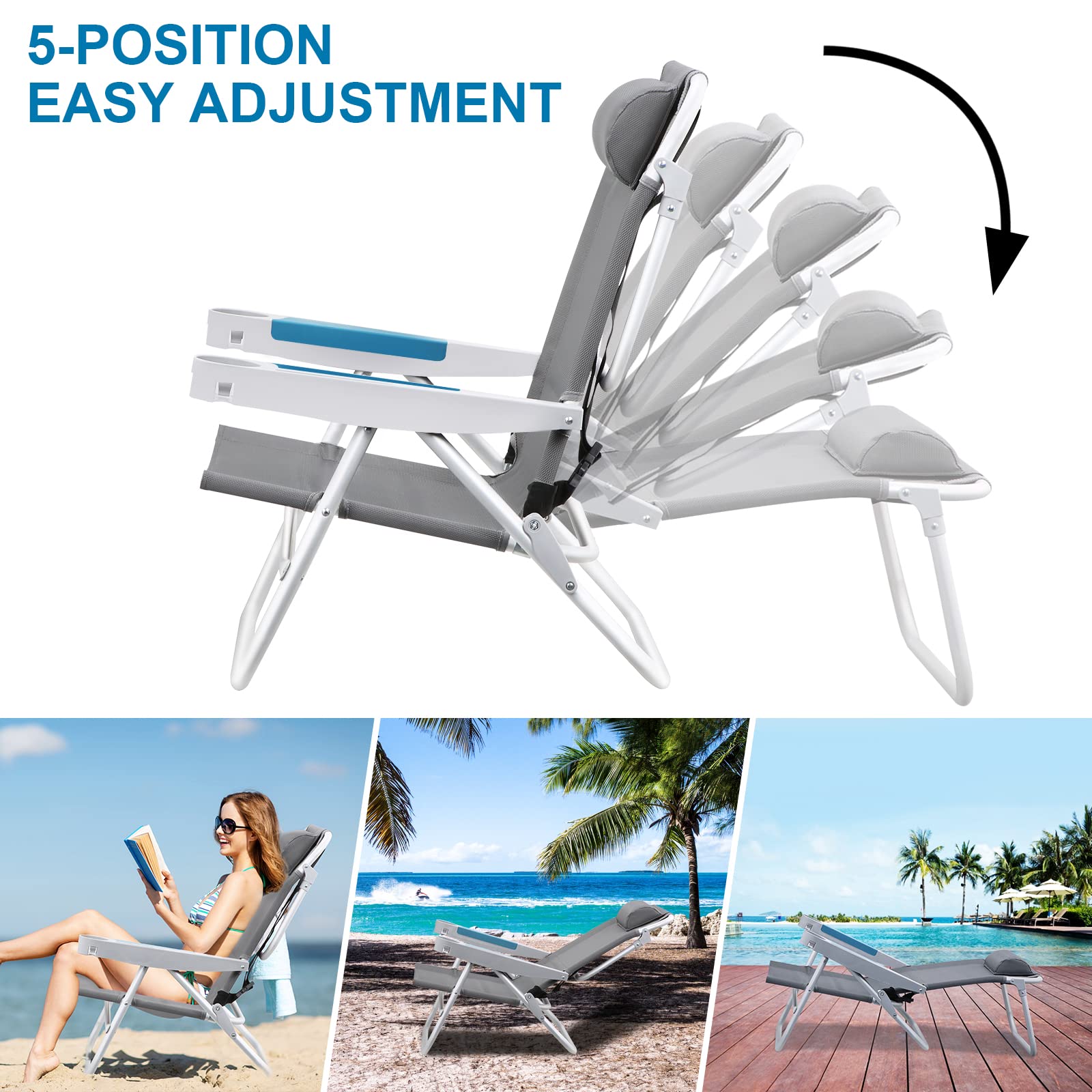 ICECO Beach Chairs for Adults 2 Pack, XL 5 Position Backpack Beach Chair Heavy Duty, Low Beach Folding Chairs, Portable Chairs with Cup Holder Backpack Strap for Beach Outdoor Camping 350lb Capacity