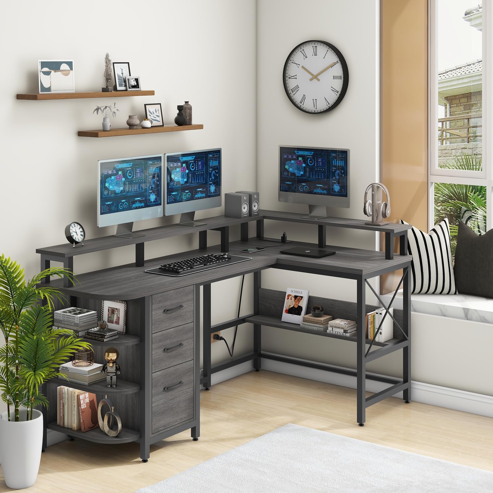 Vabches 67" L Shaped Computer Desk with LED Lights and Power Outlets, Reversible L Shaped Gaming Desk with 3 Drawers Hutch Monitor Stand, Home Office Desk with USB Port