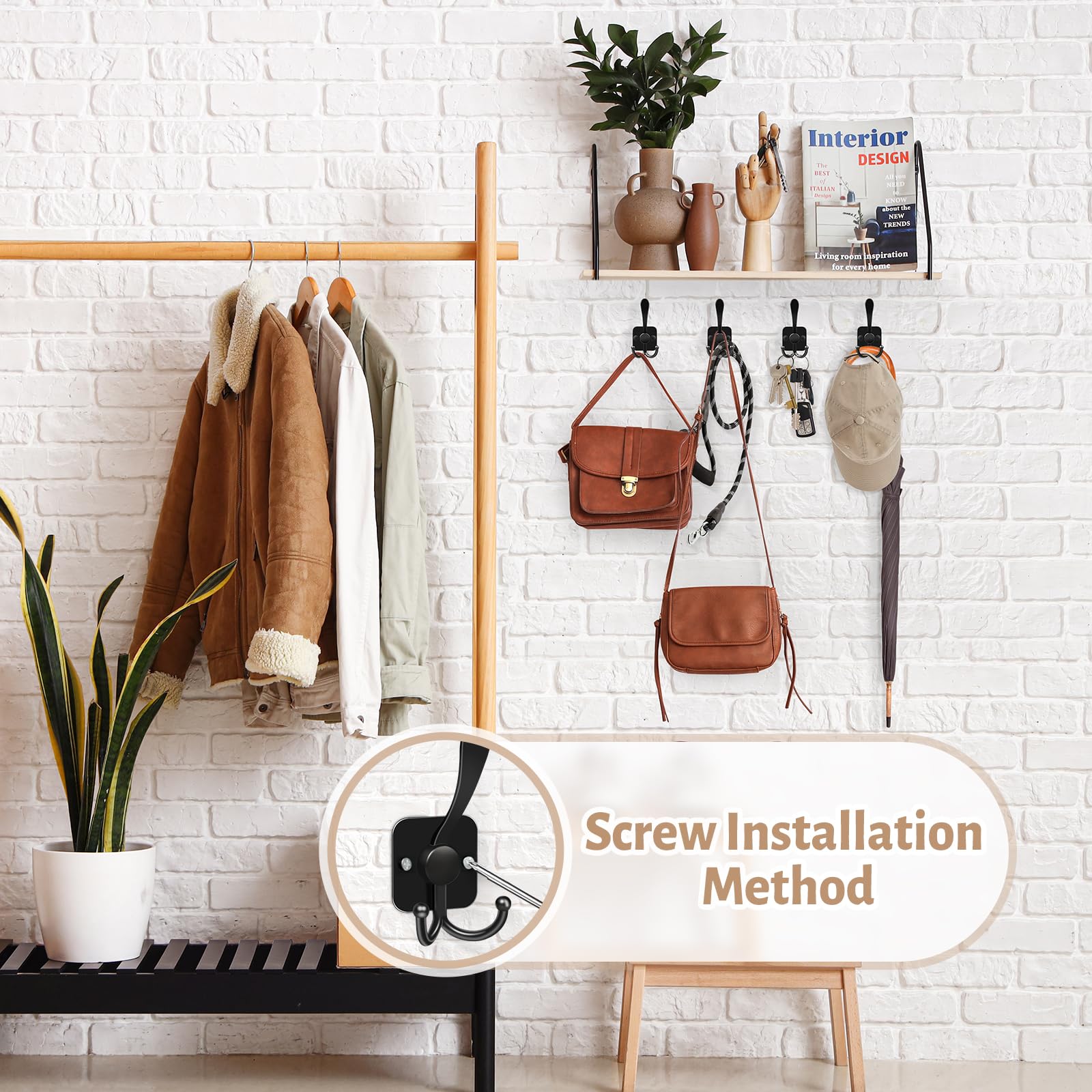 VIS'V Coat Hooks Wall Mount, Black Metal Coat Tri Hooks Heavy Duty Adhesive 3 Prong Coat Hanger Hooks Door Wall Coat Rack Hooks for Livingroom Bathroom Camper 2 Mount Options - 4 Pcs