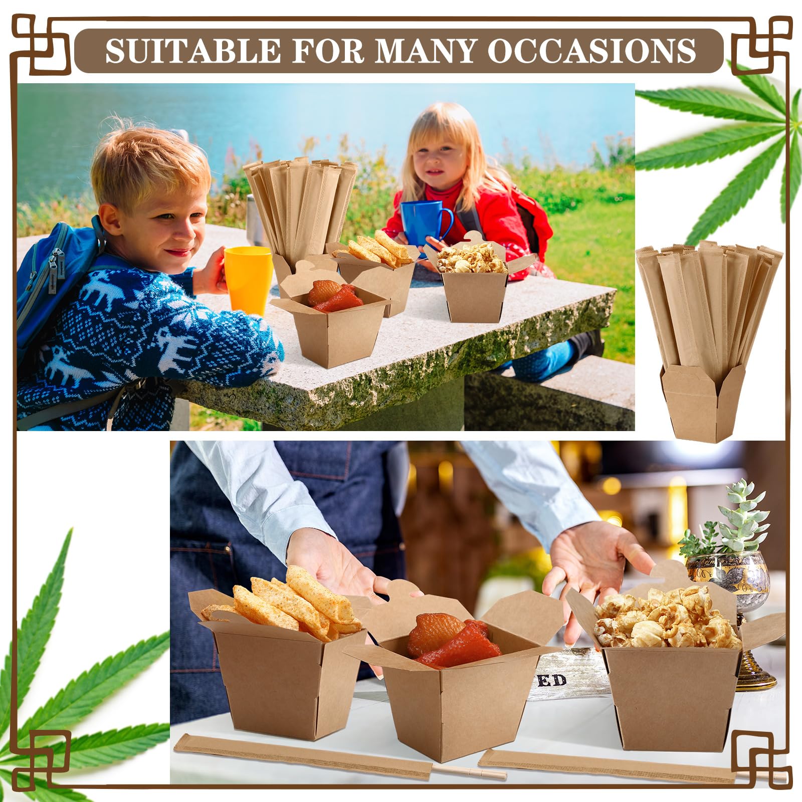 Fulmoon 50 Sets 8 oz Chinese Take Out Boxes with Disposable Chopsticks, Kraft Paper Disposable Food Containers with Chopsticks for Hot or Cold Food Takeout Restaurants Party