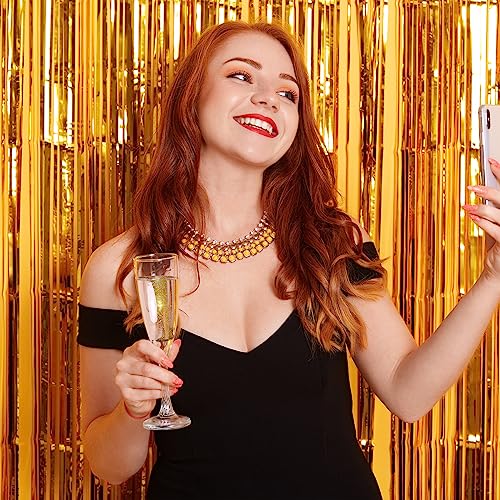 Thicken Gold Foil Fringe Curtains Decorations 3.2x8.2ft - 2 Pack, Photo Backdrop for Birthday Bachelorette Bridal Shower Baby Shower Graduation Party, Party Streams Decor