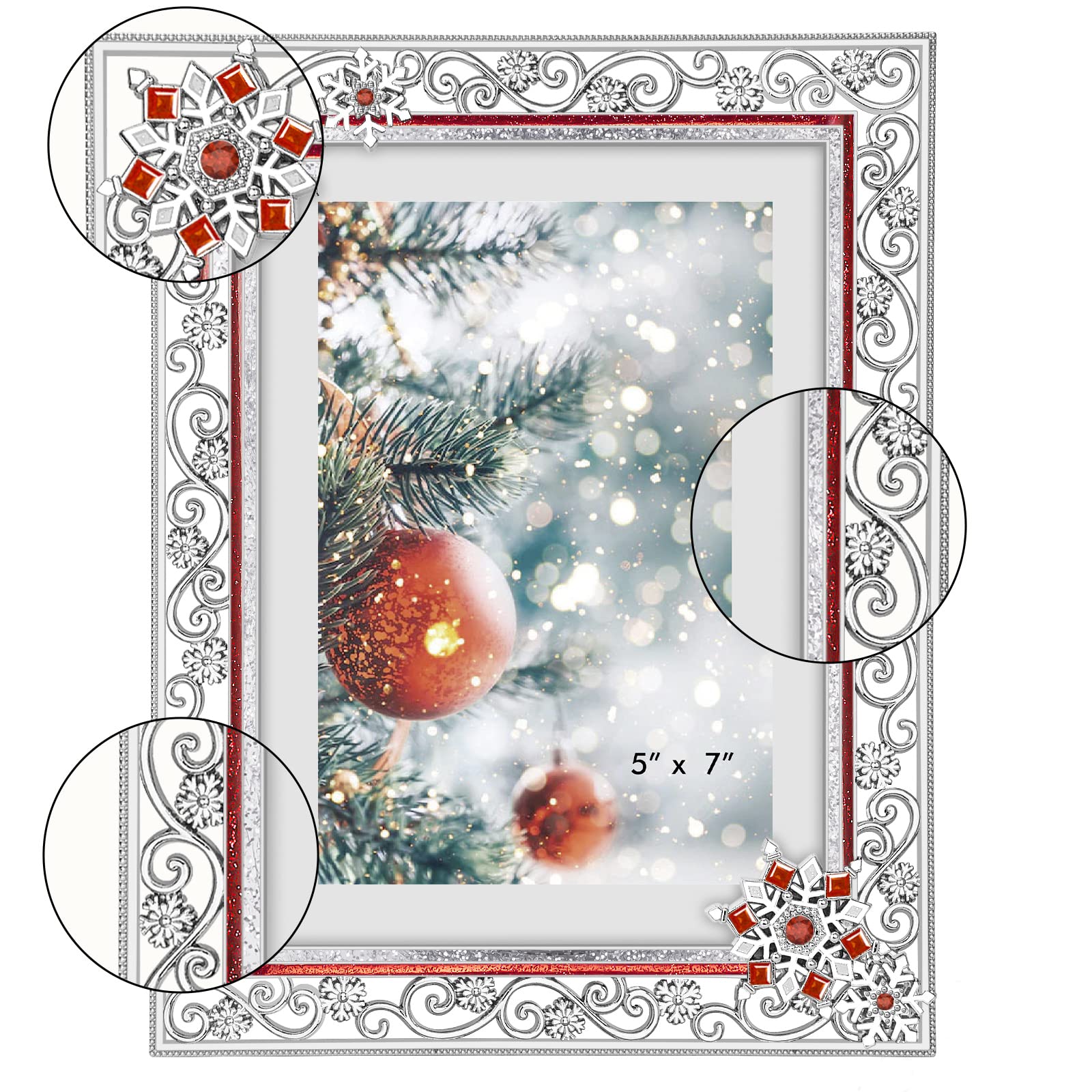GUOER Christmas Decorations Photo Frame 5x7 Inch Snowflake Christmas Metal Photo Display Picture Frames with High Definition Glass Front Gift Ideas Tabletop Home Decorative (Red,5x7)