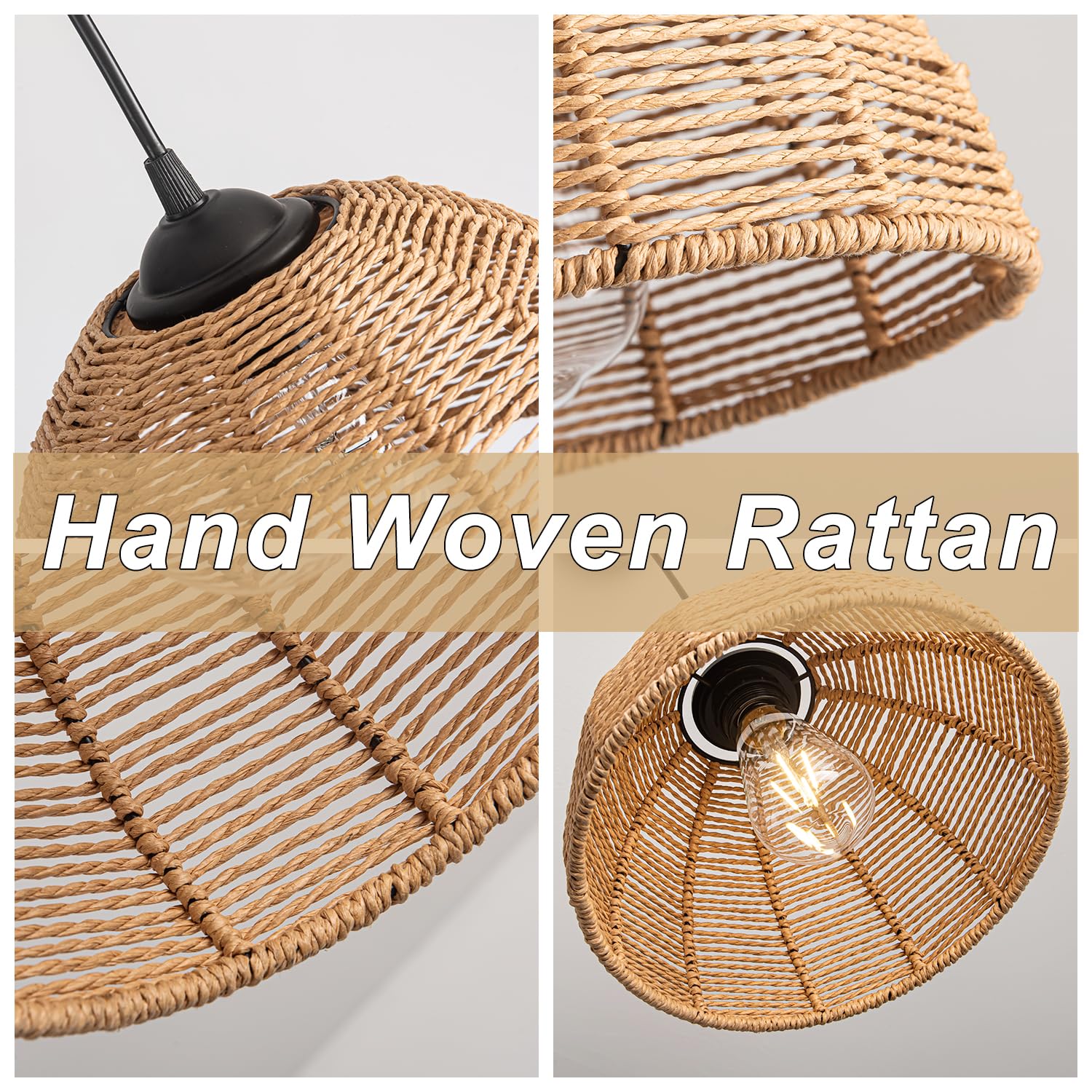 Gudicati Hand Woven Rattan Pendant Light Fixture Vintage Farmhouse 9.84" Bamboo Dome Pendant Lights Modern Retro Boho Wicker Basket Pendant Lighting for Kitchen Island, Bedroom, Dining Room, 2-Pack