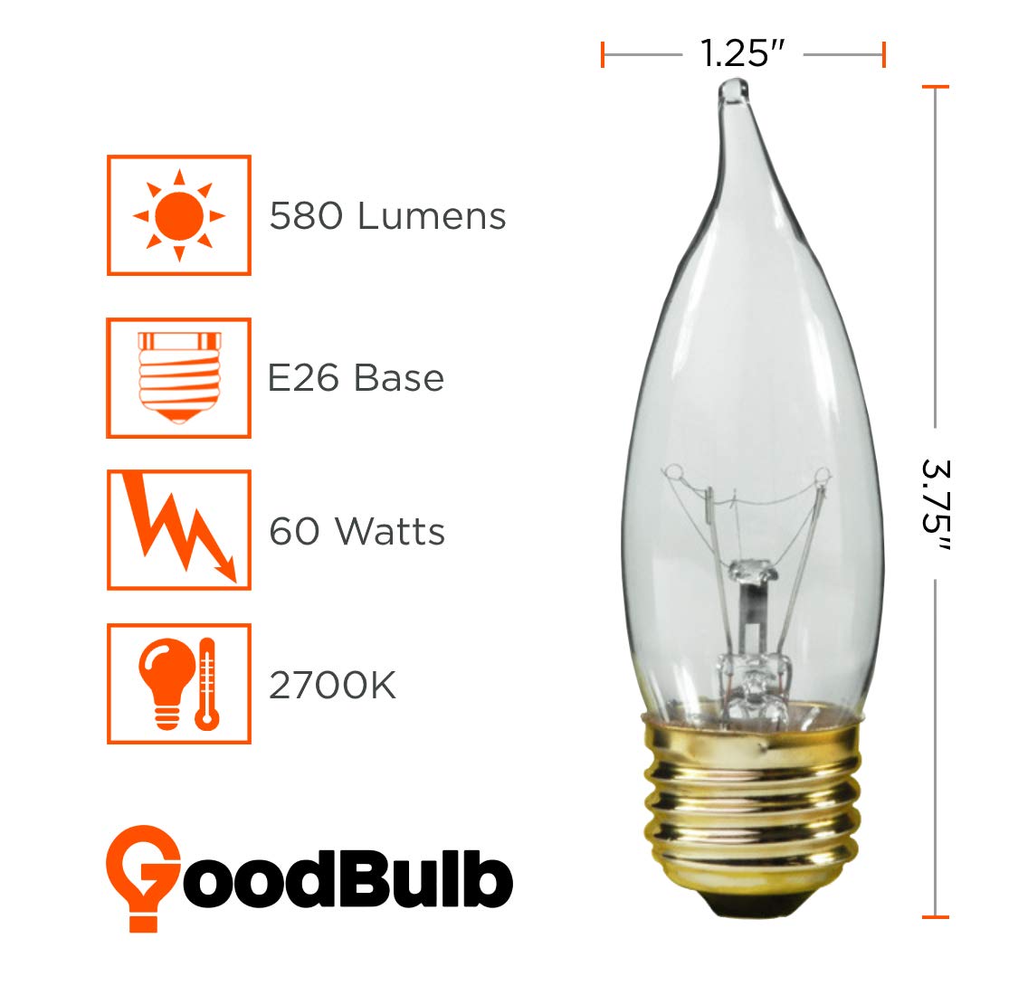 GoodBulb 6O-Watt Torpedo Flame Tip Light Bulbs | B10 Clear Finish Medium E26 Base 2700K Warm White Color | Dimmable | 580 Lumens | Incandescent | Pack of 12 Bulbs