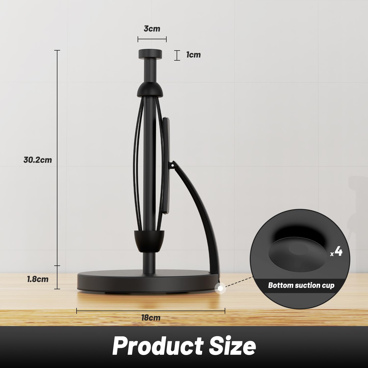 VEHHE Paper Towel Holder Countertop, Black Paper Towel Holder with Spring Activated Arm and Silent Damping Effect, Simply Tear Paper Towel Stand for Bathroom and Kitchen (Black)