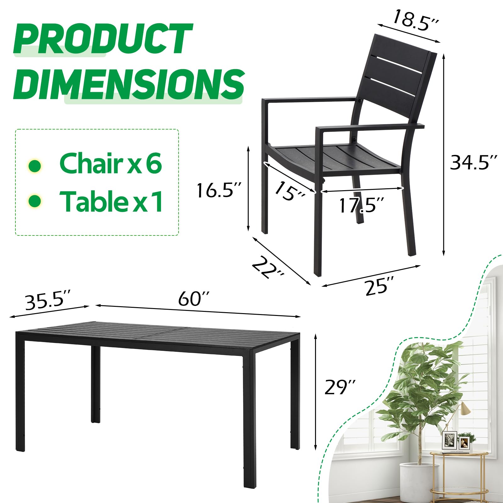 U-MAX 7-Piece Aluminum Outdoor Dining Set, Patio Table and Chairs Set for 6 Morden Outdoor Furniture Set with Aluminum Frames, Rectangular Table and Stackable Chairs for Garden, Black