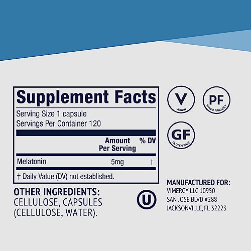 Vimergy Melatonin Capsules, 120 Servings โ Natural Sleep Aid โ Sleep Supplement โ Helps You Fall Asleep Faster & Stay Asleep Longer - Non-GMO, Gluten-Free, Kosher, Soy-Free, Vegan, Paleo