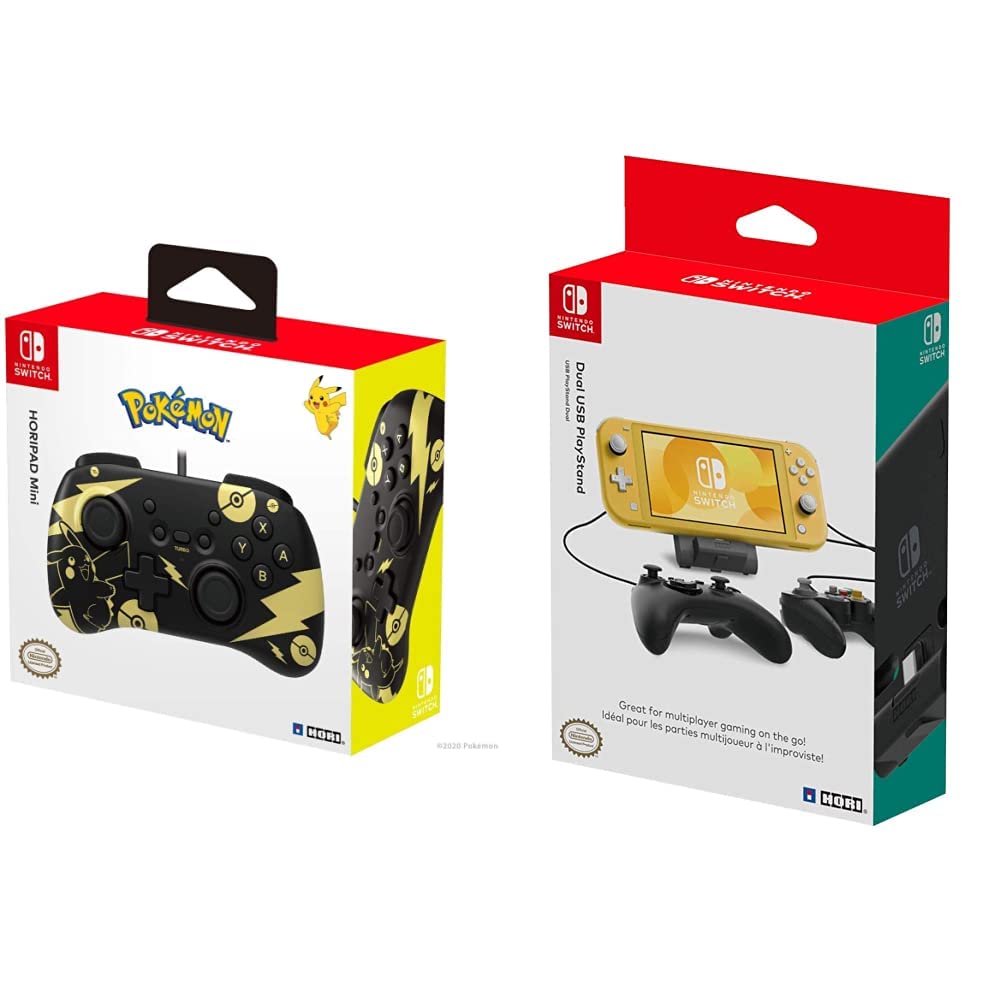 HORI Nintendo Switch HORIPAD Mini (Black & Gold Pikachu Edition) Officially Licensed By Nintendo & Pokémon and Nintendo Switch Dual USB Playstand By - Officially Licensed by Nintendo