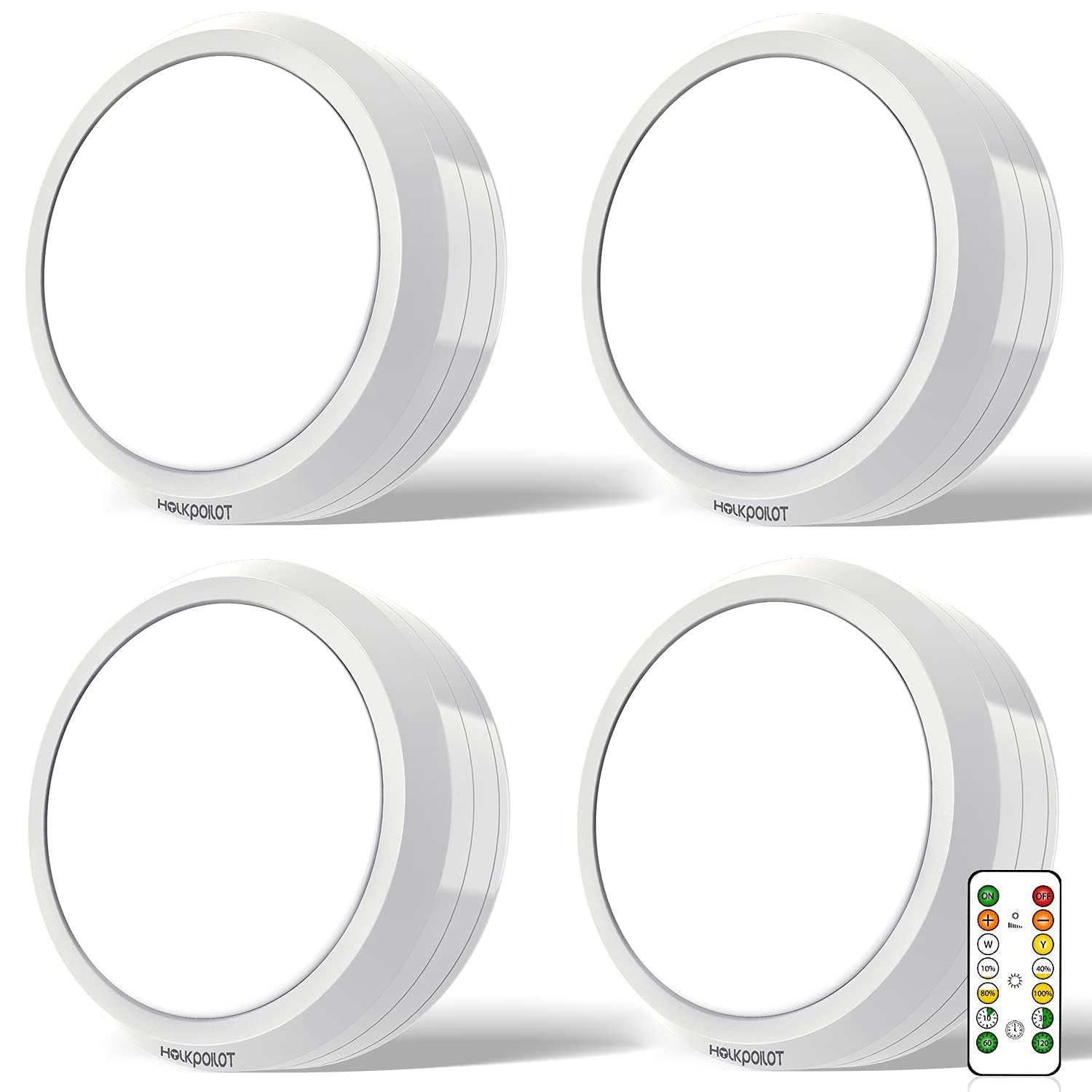 HOLKPOILOT Puck Lights with Remote Control, Under Cabinet Lighting Battery Operated, Under Counter Cabinet Puck Lighting, Kitchen Cabinet Lights Wireless Stick On Lights White (4pack)