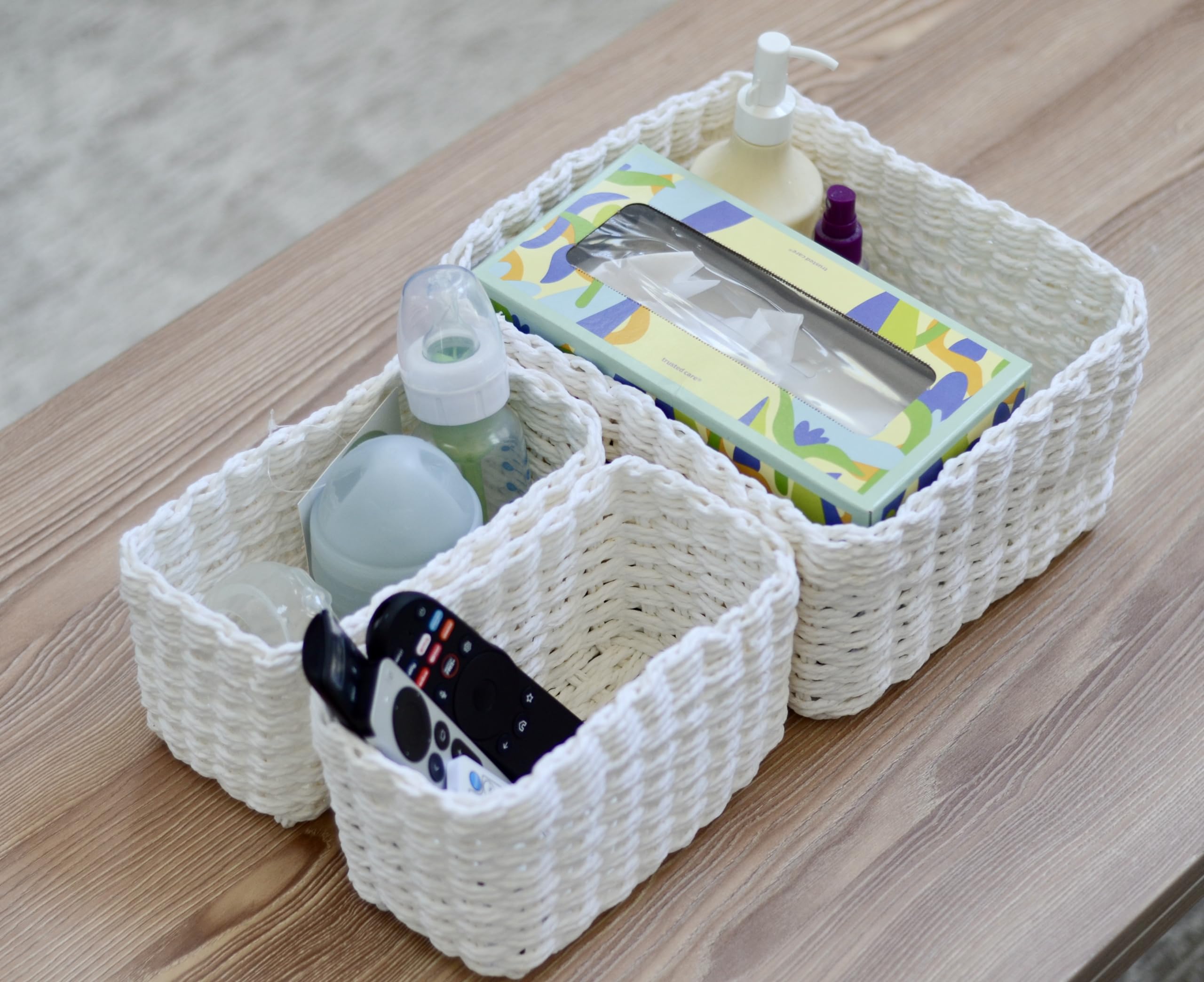 Set of 3 White Woven Baskets - Table Organizer, Natural and Eco-Friendly Storage Solution, Storage Baskets for Shelves, Toy Storage, Sustanabile Paper Rope Material