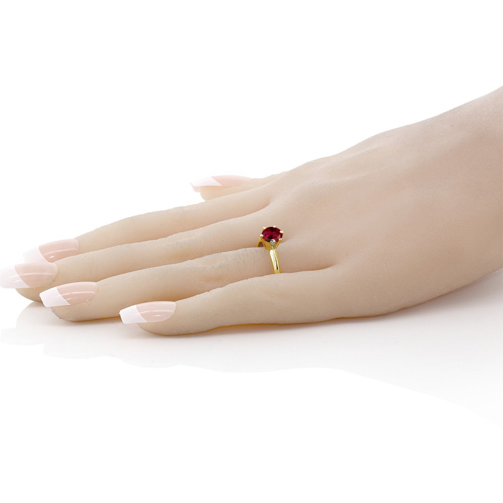 Gem Stone King 14K Yellow Gold Red Created Ruby Engagement Ring | 1.00 Cttw | Round 6MM | Wedding Solitaire Anniversary Promise Gold Ring For Women | Available In Size 5, 6, 7, 8, 9