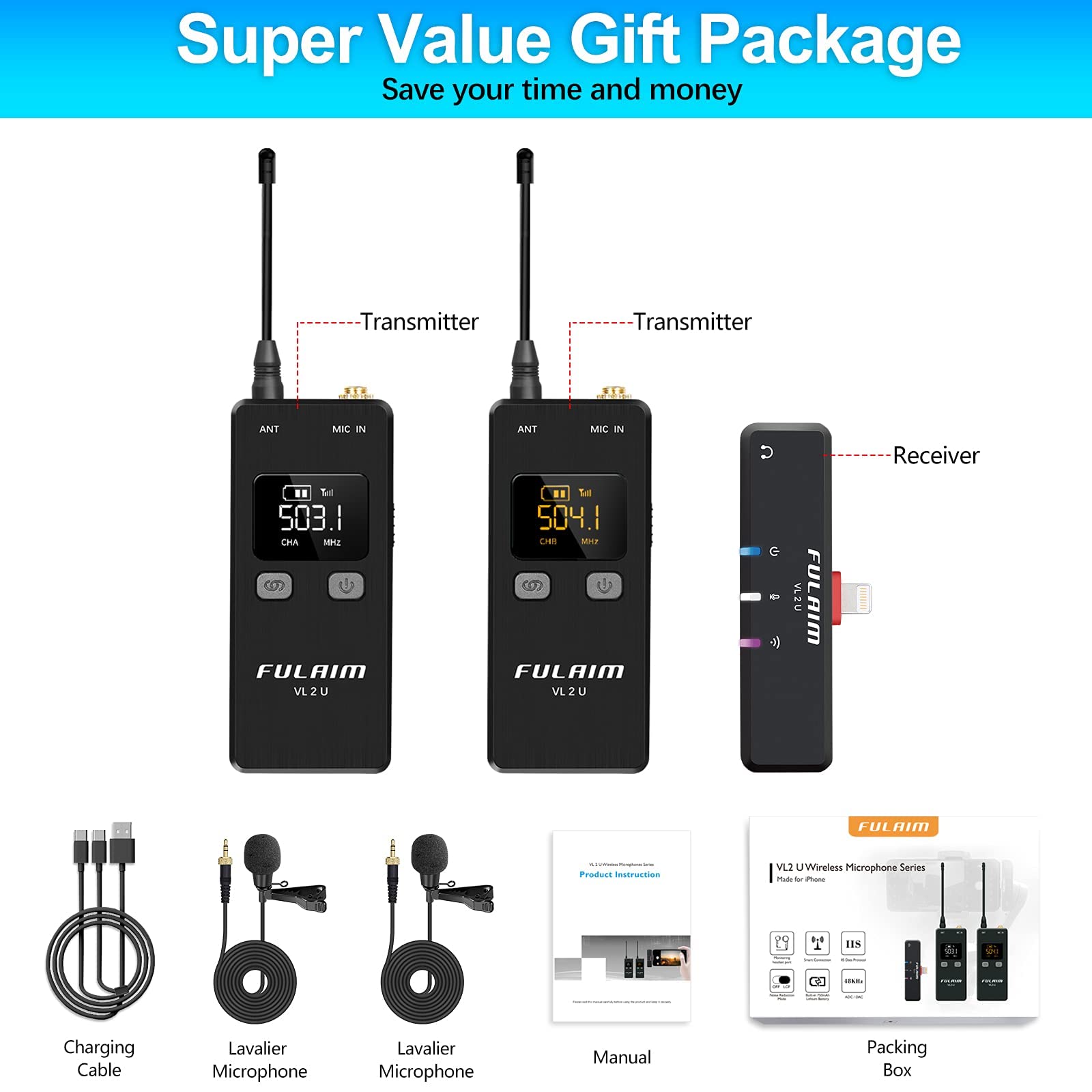 FULAIM VL2 Wireless Lavalier Microphone System for iPhone iPad MacBook with Noise Reduction, 22 UHF Channel Lapel Omnidirectional Mic for Vlogging, TikTok, YouTube, Facebook -2TX (2Transmitters)