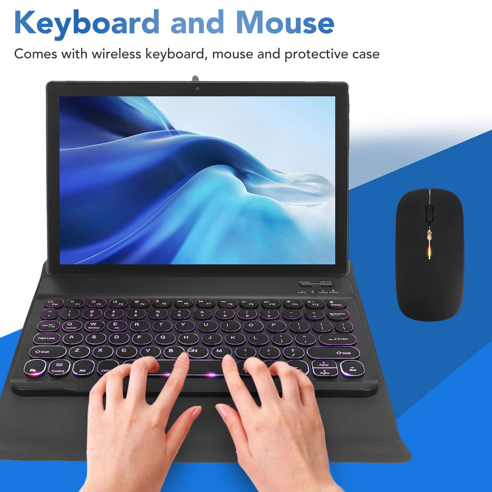 Haofy 10.1 Inch Tablet, US Plug 100β240V RGB Keyboard 2 in 1 Tablet PC 8800mAh MT6755 Octa Core 4G LTE for Entertainment (Blue)