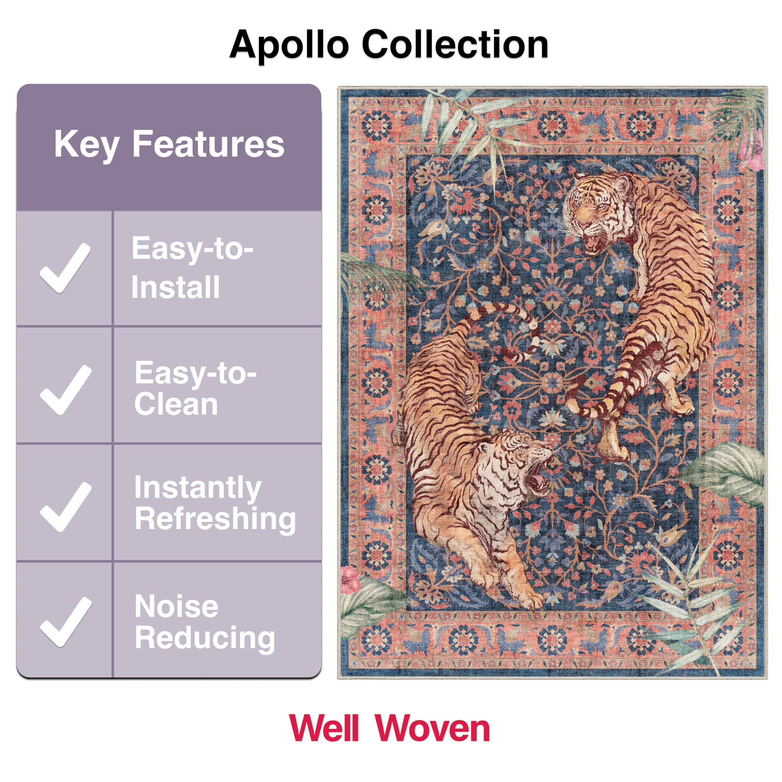 Well Woven Apollo Botanical Tiger Navy Washable Rug – Dining Room & Bedroom, 5'3" x 7'3", Durable