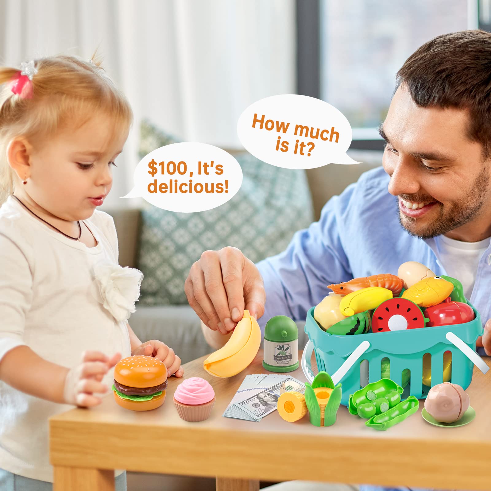 Funpynani 130Pcs Kitchen Playset, Toddler Pretend Cooking Play Pots, Pans, Utensils Cookware, Daily Food Fruit Veges, Shopping Storage Basket, Dessert, Prop Money, Learning Gift for Child (White)