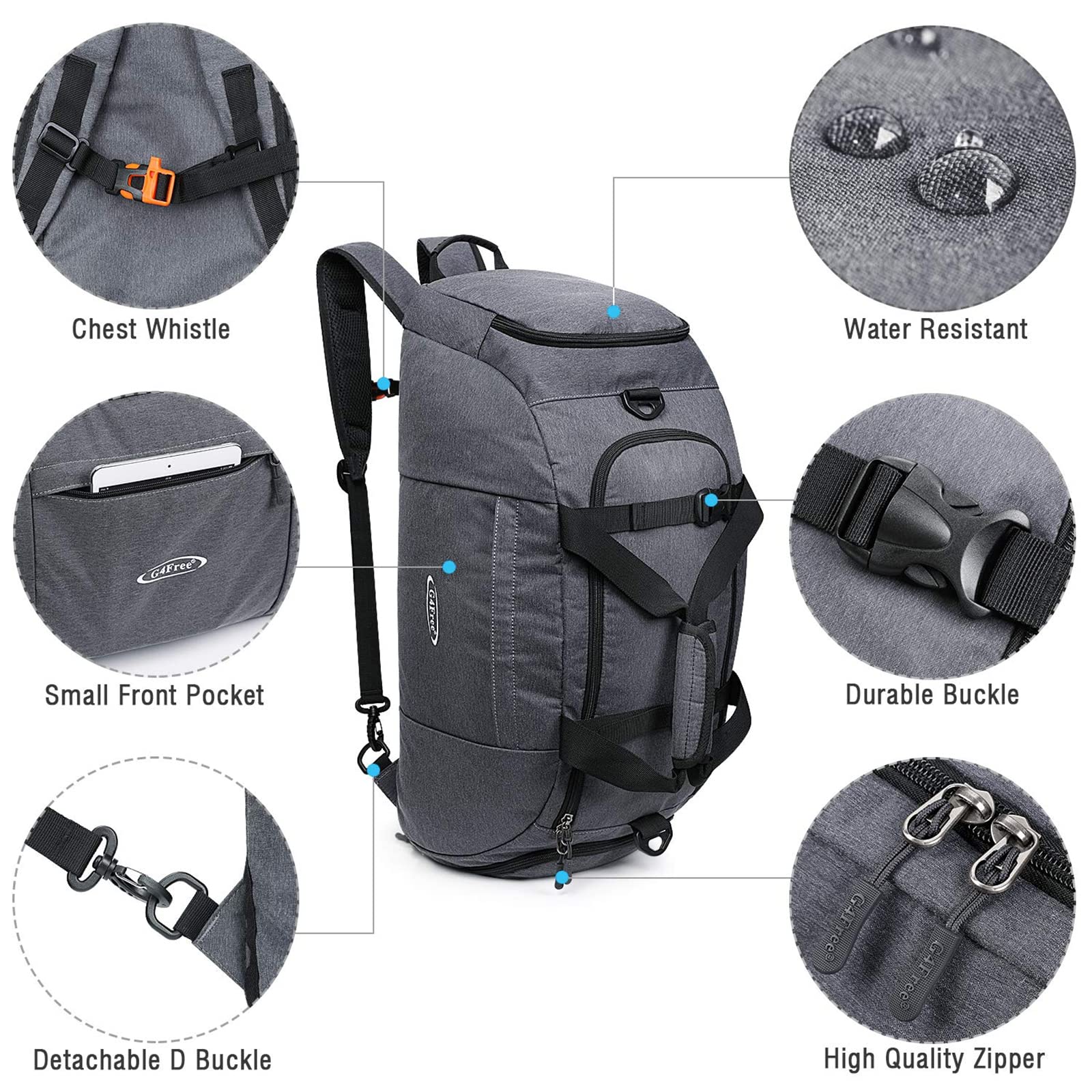 G4Free 40L 3-Way Duffle Backpack Gym Bag for Men Women Sports Duffel Bag with Shoe Compartment Travel Backpack Luggage (Upgraded Gray)