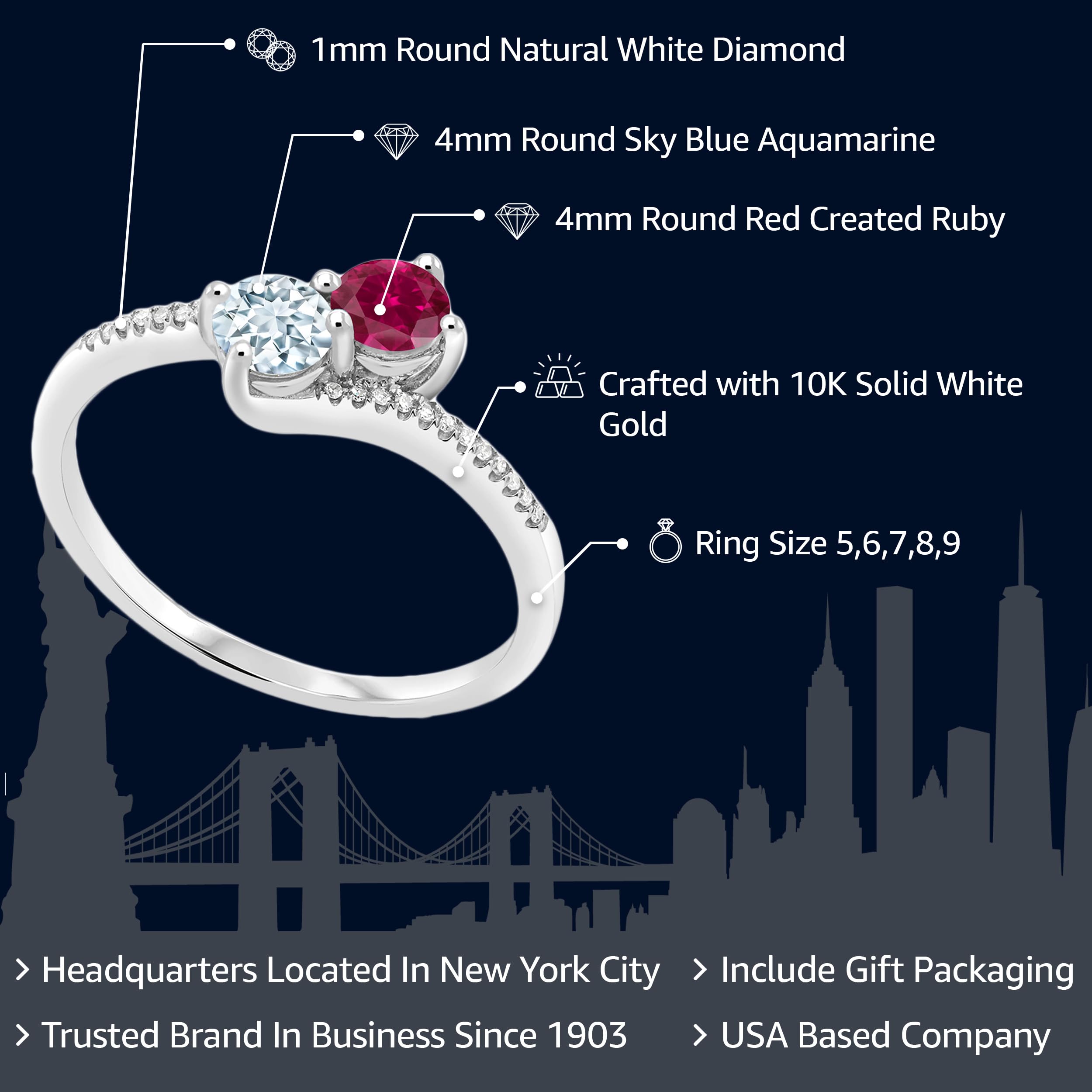 Gem Stone King 10K White Gold Forever United 2 Stone Red Created Ruby and Sky Blue Aquamarine and Diamond Engagement Ring For Women (0.64 Cttw, Round, Avaiable in Size 5,6,7,8,9)