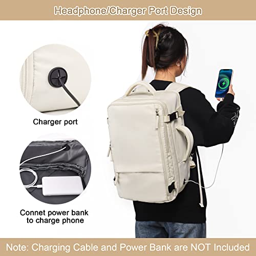 Sinaliy Large Travel Backpacks (Beige+Black), 40L Carry On Backpack, 17 Inch Laptop Backpack, Waterproof Backpack, College Bookbag, Laptop Backpack, Backpack for Women, as Person Item Flight Approved