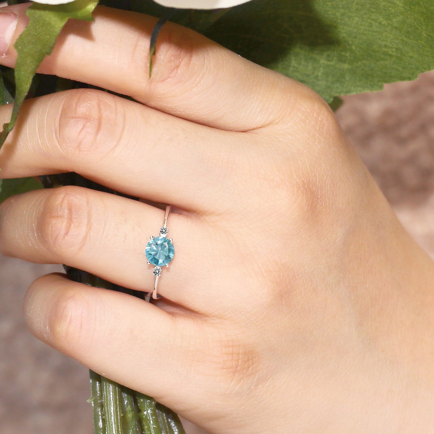 Gem Stone King 10K White Gold Blue Zircon and White Diamond Solitaire Engagement Ring For Women (1.23 Cttw, Round 6MM, Gemstone Birthstone, Size 6)