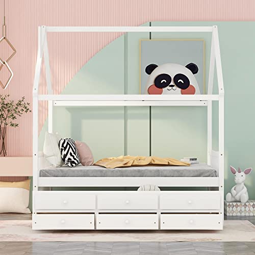 YuiHome Full House Bed with Trundle and 3 Storage Drawers, Full Captain's Beds Wooden Storage Daybed Frame for Kids Teens Boys Girls,No Box Spring Needed,White