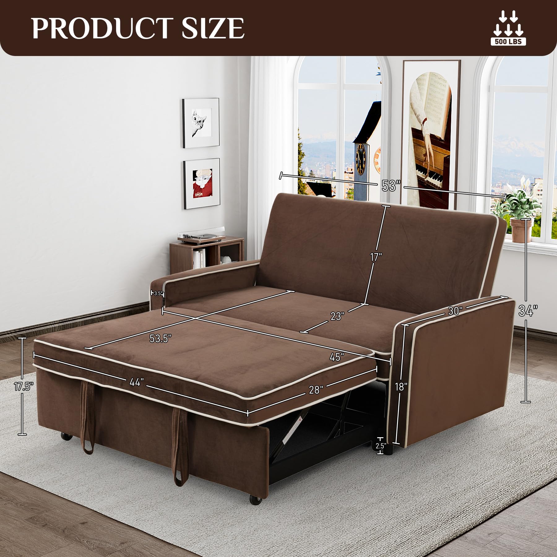 Wrofly 3 in 1 Convertible Sleeper Sofa Couch with Pullout Bed, Modern Flannel Pull Out Love seat Sofa, 2 Seater Futon Loveseat Couch Bed for RV, Living Room, Bedroom and Small Space (Brown)