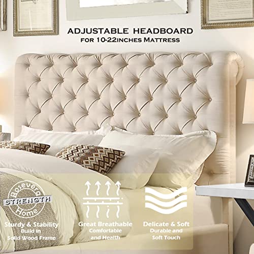 Rosevera Gideon Bed Frame/Fabric Upholstered Bed Frame with Adjustable Headboard/Chesterfield-Styled/Wood Slat Support/Easy Assembly,Full,Warm Beige