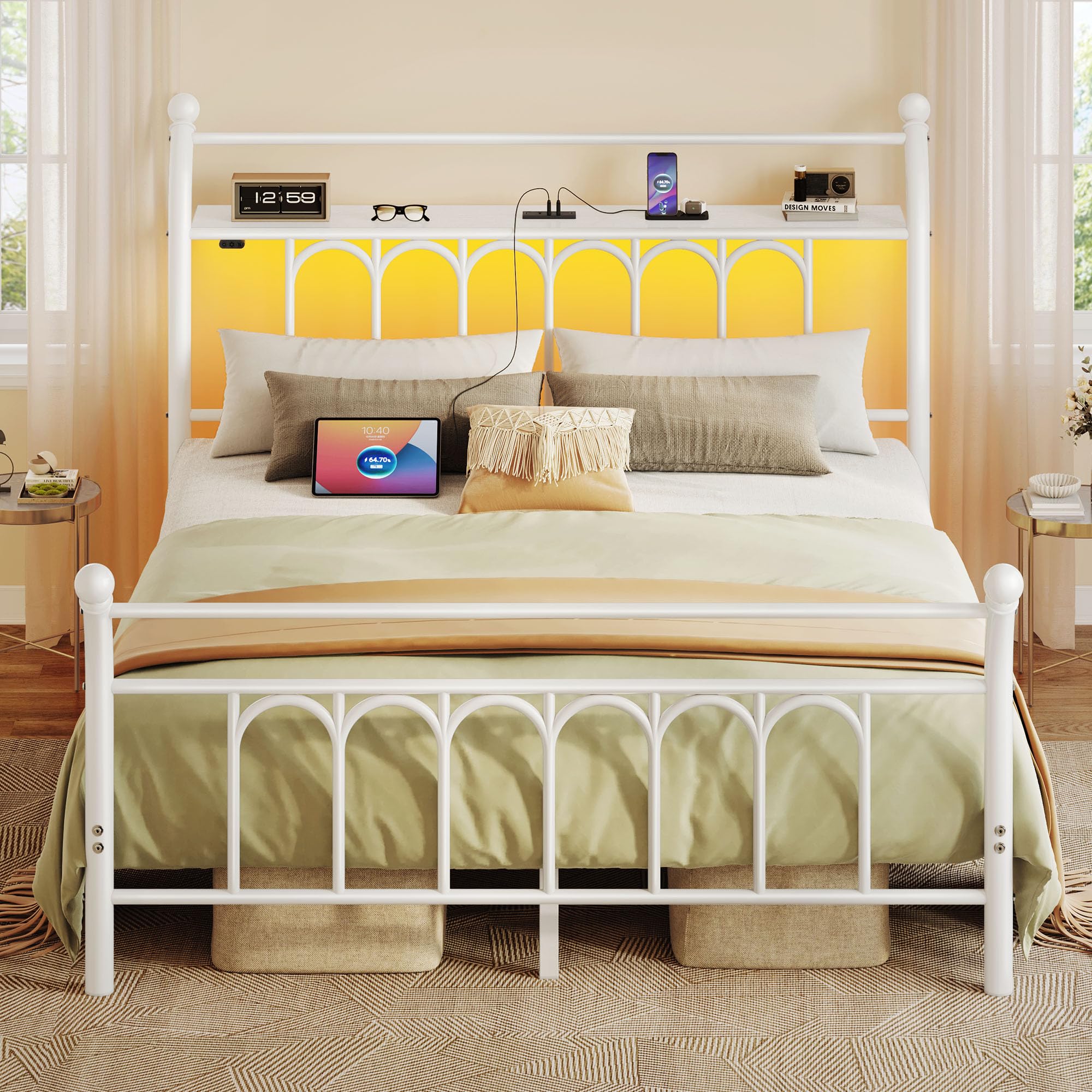 Rolanstar Queen Bed Frame with USB Charging Station, LED Bed Frame with Storage Headboard, 14 Inch Black Metal Platform Bed with Sleigh Headboard and Footboard, No Box Spring Needed, Noise Free