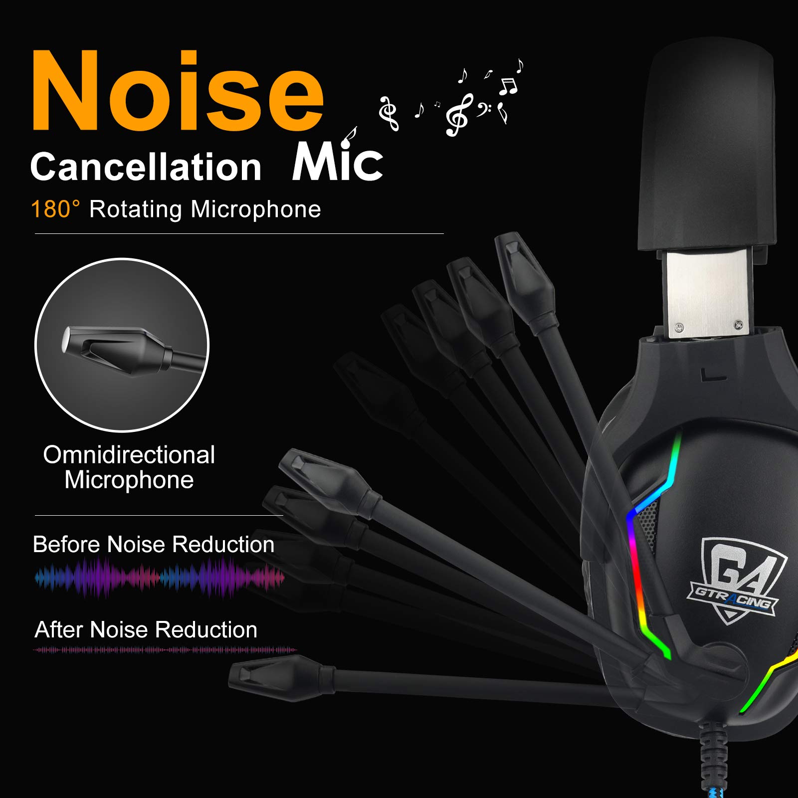 GTRACING Gaming Headset for PC - Computer Headphones with Surround Sound Stereo Noise Canceling Mic/Microphone RGB Light - Gaming Headphones for Nintendo Switch, PS4, Console Laptop,Blue