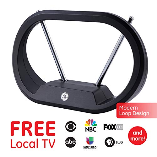 GE Modern Loop Rabbit Ears Indoor TV Antenna, 15 inch Extendable Dipoles, 4K 1080P VHF UHF, Tabletop Antenna, Digital HDTV Antenna, Smart TV Compatible, 4ft Coaxial Cable, Black, 33675
