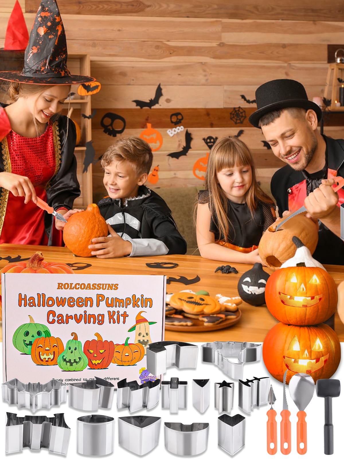 Rolcoassuns 27PCS Halloween Pumpkin Carving Kits,Pumpkin Carving Tools Set with 23PCS Stainless Pumpkin Carving Stencils,3 Carving Tools&1 Mallet for Adults Kids Easy Safe Fun DIY Halloween Decoration