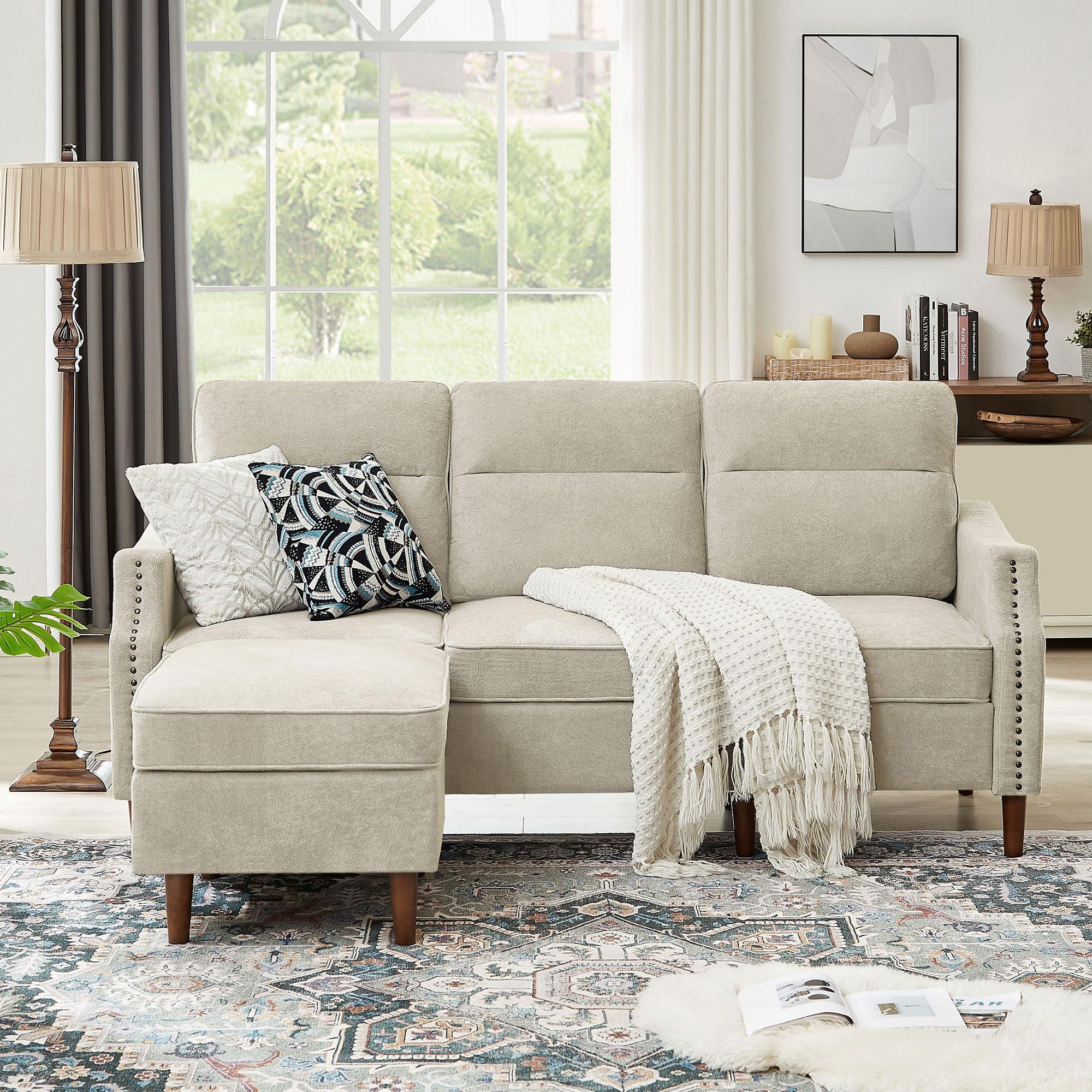 Pingliang Home Convertible Sectional Sofa, 3 Seat L-Shaped Couch with Ottoman and Storage Pocket, Modern Microfiber Sectional Couches for Living Room Apartment
