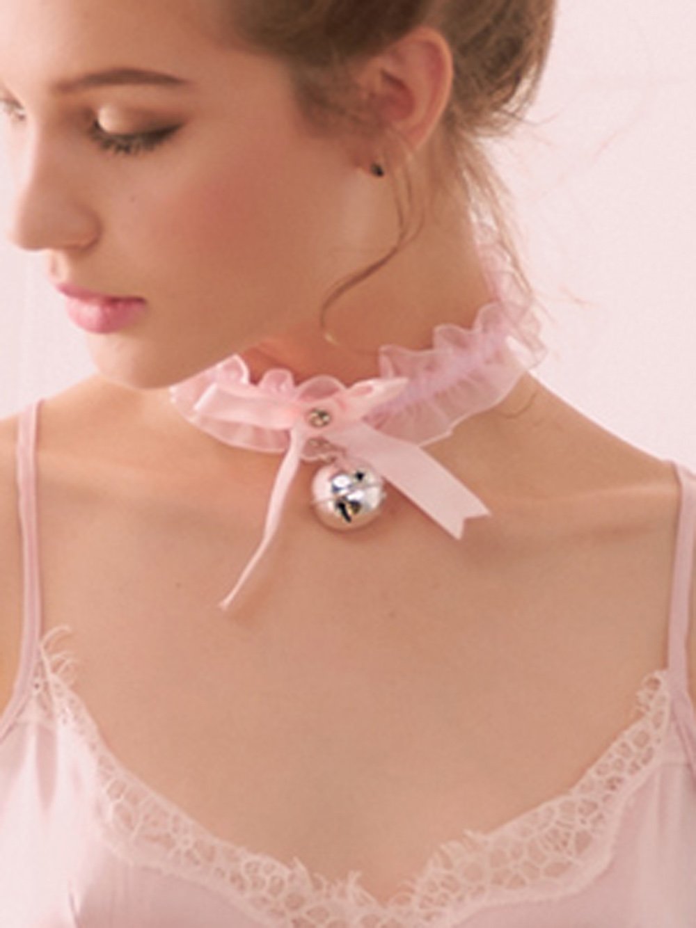 FXmimior Lace Choker See-through Bell Pendant Necklace Sexy Women Accessories (pink)