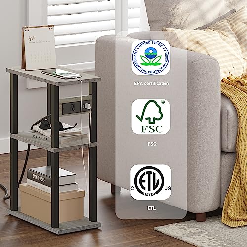 TUTOTAK Small Narrow Side Table with Charging Station, Set of 2 Skinny End Table for Small Spaces, Slim Nightstand with USB Ports and Outlet,Sofa Beside Table with Wheels, Greige TB01BG047