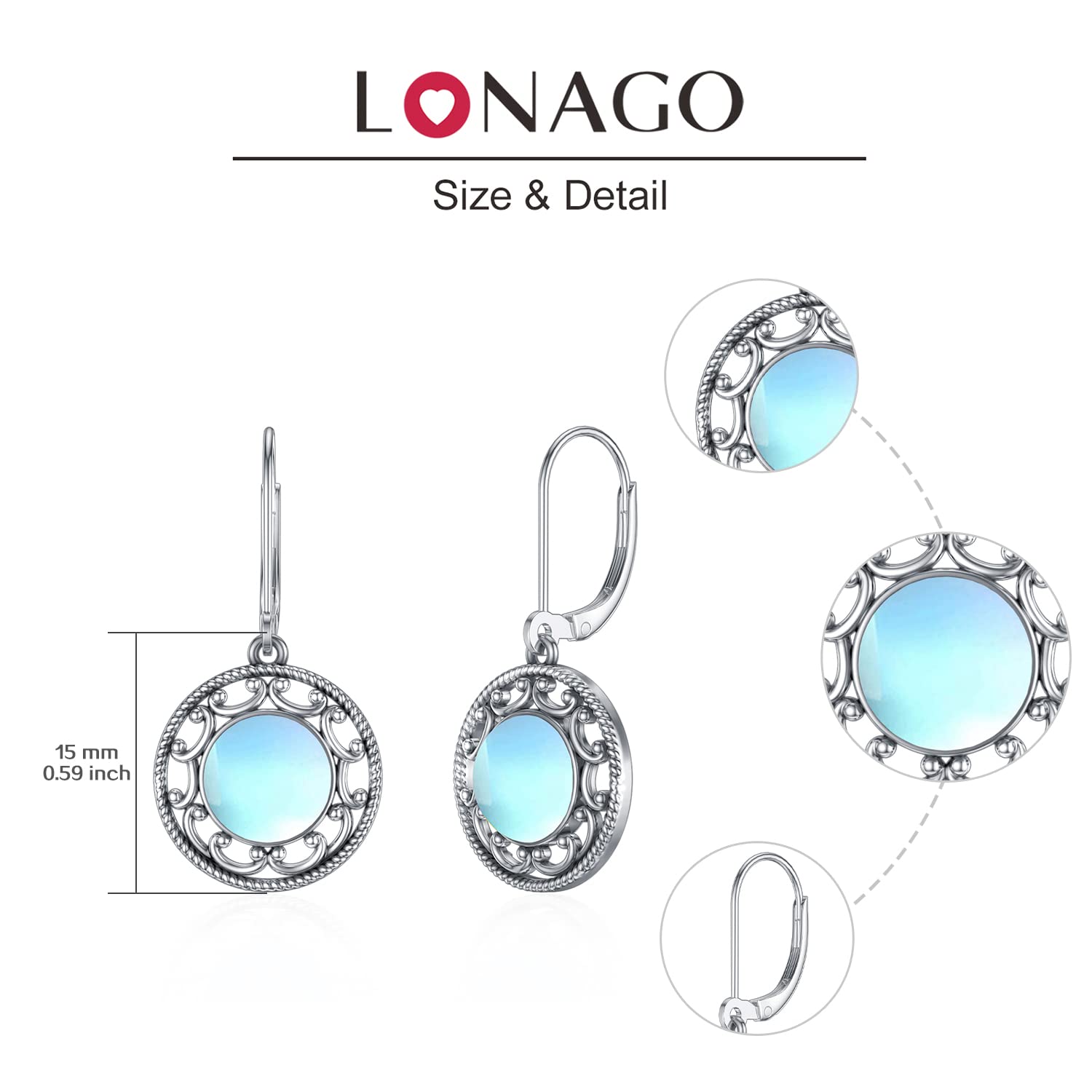 LONAGO Filigree Earrings 925 Sterling Silver Created Moonstone Dangle Earrings Jewelry for Women