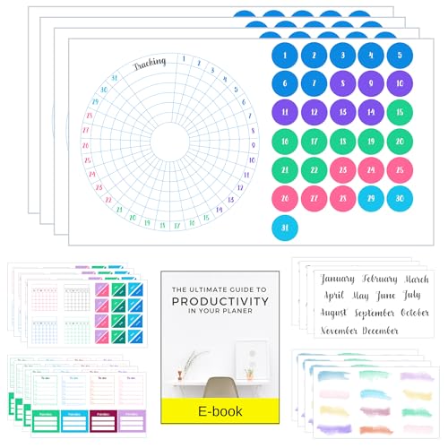 Ultimate Productivity Stickers Set - Large Value Pack of 20 Planner Sticker Sheets - Calendars, to Do Lists, Habit Trackers, Goals - Accessories & Supplies for Dot Grid Journals by Sunny Streak