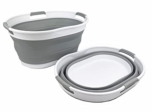 SAMMART 25L (6.6 gallon) Collapsible Plastic Laundry Basket - Foldable Pop Up Storage Container/Organizer - Portable Washing Tub - Space Saving Hamper/Basket (White/Grey (Set of 2))